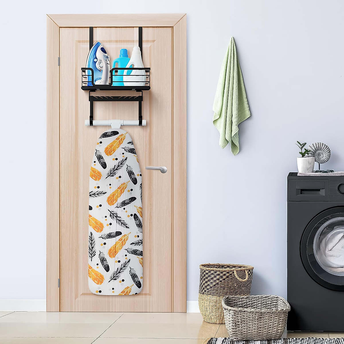 TJ.MOREE Over The Door/Wall Mount Ironing Board Hanger, Laundry Room Iron and Ironing Board Caddy Storage for Water Mister, Fabric Sprays, Laundry Detergent