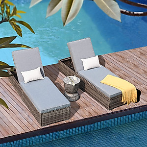 Patiorama Outdoor Patio Chaise Lounge Chair, Elegant Reclining Adjustable Pool Rattan Chaise Lounge Chair with Light Grey Cushion, Grey PE Wicker, Steel Frame, Set of 2