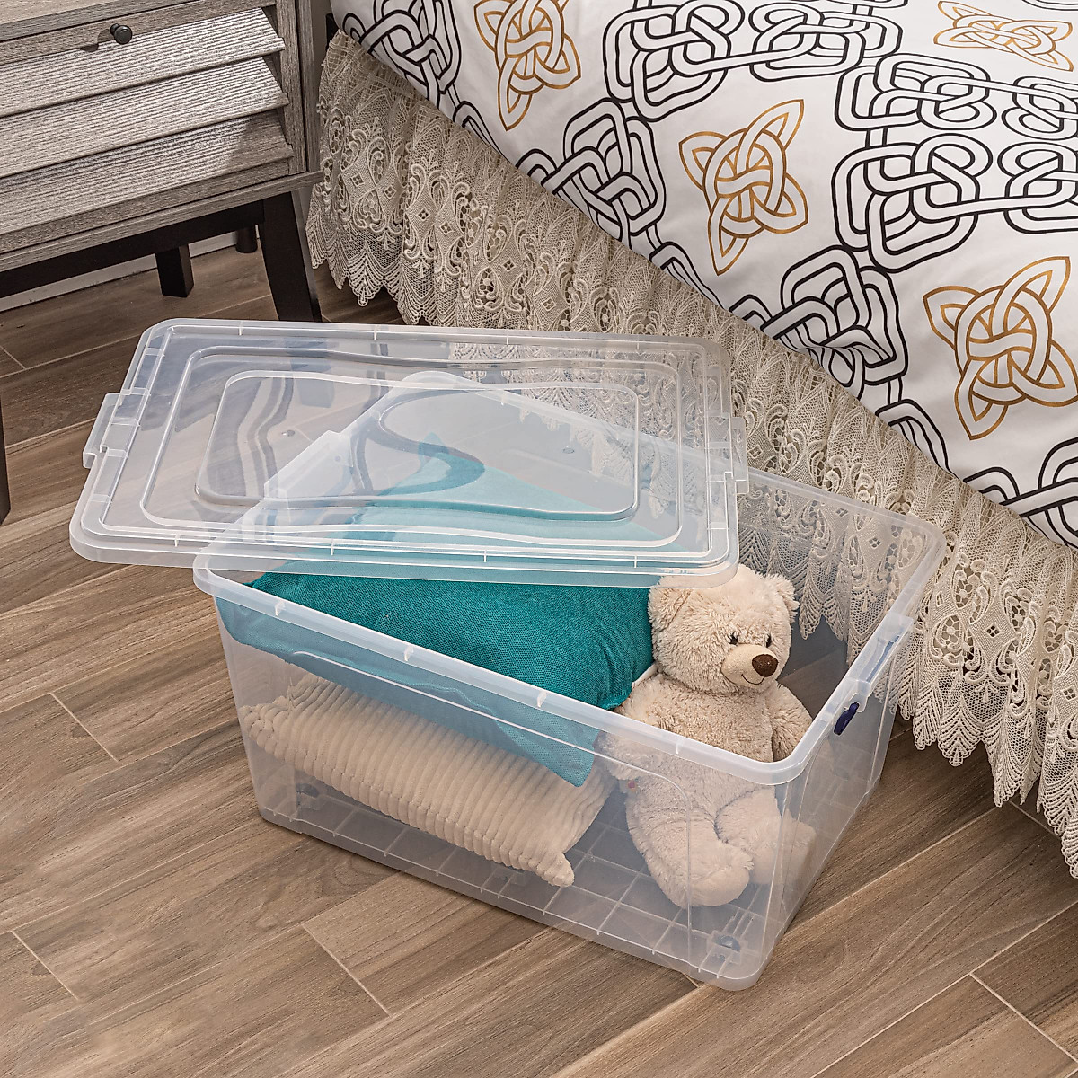 Superio 44 Qt Clear Plastic Storage Bin with Lid and Wheels, Non-Toxic, BPA Free, Odor Free, Organizer Storage Box, Stackable Plastic Tote for Home, Garage, Closet