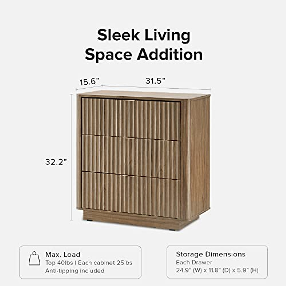 mopio Brooklyn Mid-Century Modern Dresser/Credenza, Waveform Panel with Sleek Curved Profile with Aluminum Handle 3-Drawers for Bedroom/Living Room, Sturdy Anti-Tipping Base (Natural Walnut, Dresser)