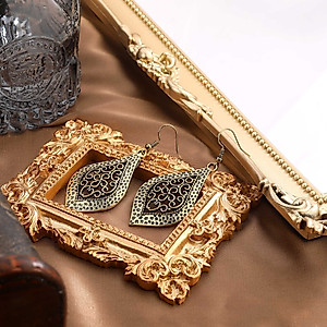 MJartoria Antique Teardrop Hook Dangle Earrings with Filigree Flower Pendant Lightweight Drop Earrings for Womens Hammered Earrings Indian Vintage Bohemian Jewelry