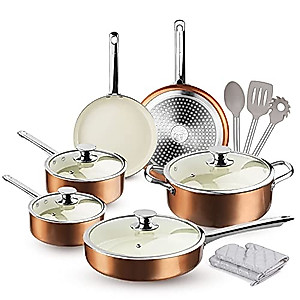 FRUITEAM 13-Piece Cookware Set Non-stick Ceramic Coating Cooking Set, Induction Pots Pans Set with Lids, Heavy Duty Stainless Steel Handles, Induction, Oven, Gas, Stovetops Compatible for Family Meals