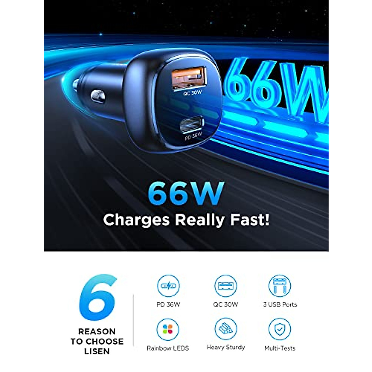66W USB C Car Charger, AINOPE Cigarette Lighter USB Charger, PD 36W+QC 30W Fast Charging Fast Car Charger, Heavy Solid All Metal iPhone Car Charger Adapter for iPhone, Samsung, iPad, Google Pixel
