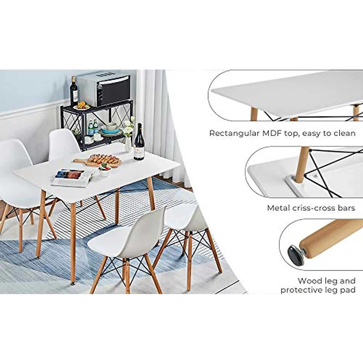 GreenForest Dining Table with Slick Top Wood Legs,Modern Mid Century Kitchen Table with Black Criss-Cross Metal Bars for Dining Room,Living Room,Small Spaces,44 x 30 Inch,White