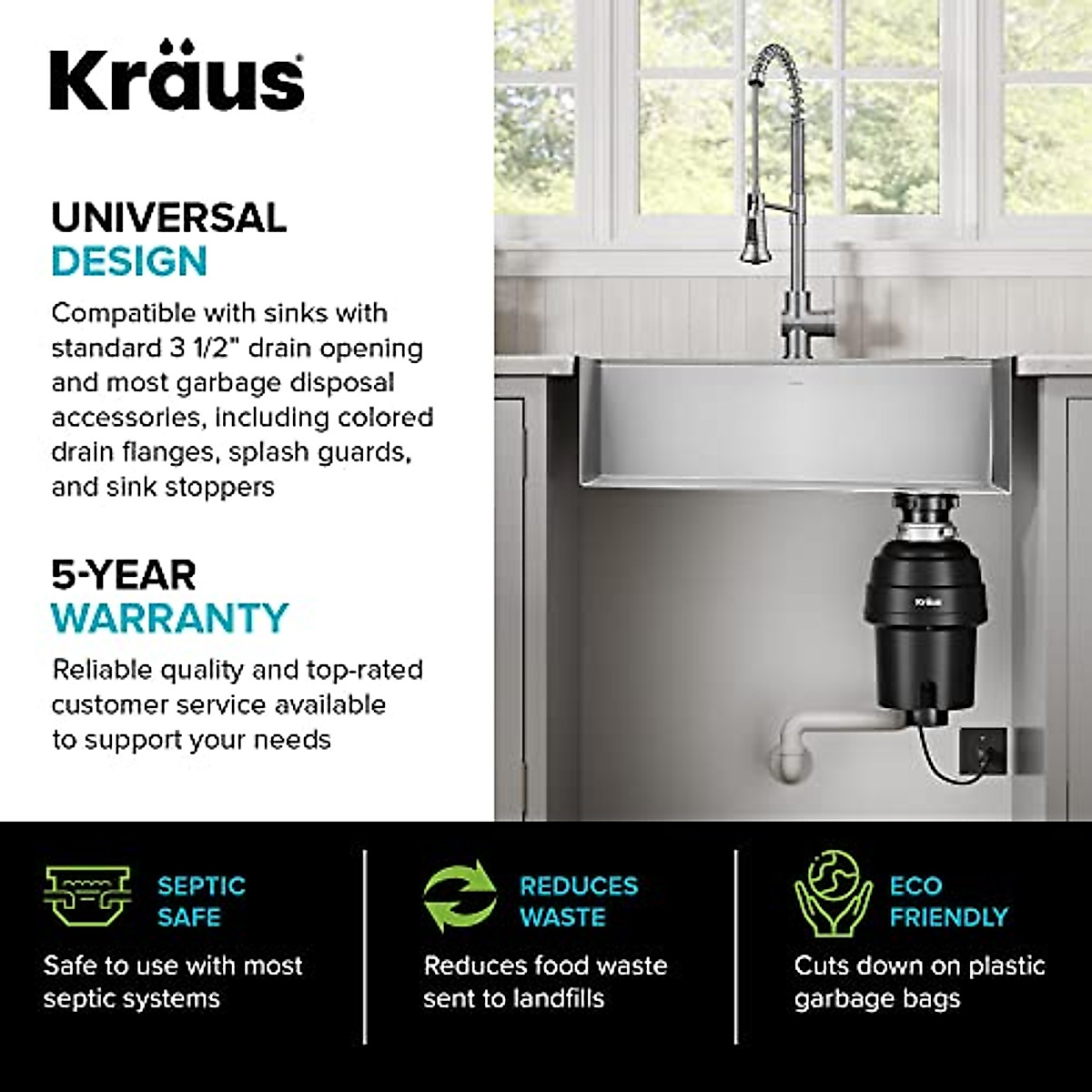 Kraus KGUW2-33MB-100-100, Bellucci Workstation 32 in. Undermount Granite Composite Single Bowl Kitchen Sink in Metallic Black with WasteGuard 1 HP Continuous Feed Garbage Disposal and Accessories