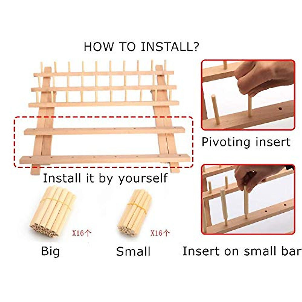 Enkarl Embroidery Thread Holder, Sewing Wooden Thread Rack Organizer, 46 Spool with Hanging Hooks for Quilting Hair-braiding