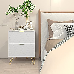 Anbuy White Nightstand Set of 2, End Side Table Double, Bedside Table with 2 Drawers, Dual Night Stand Metal Legs for Bedroom Living Room