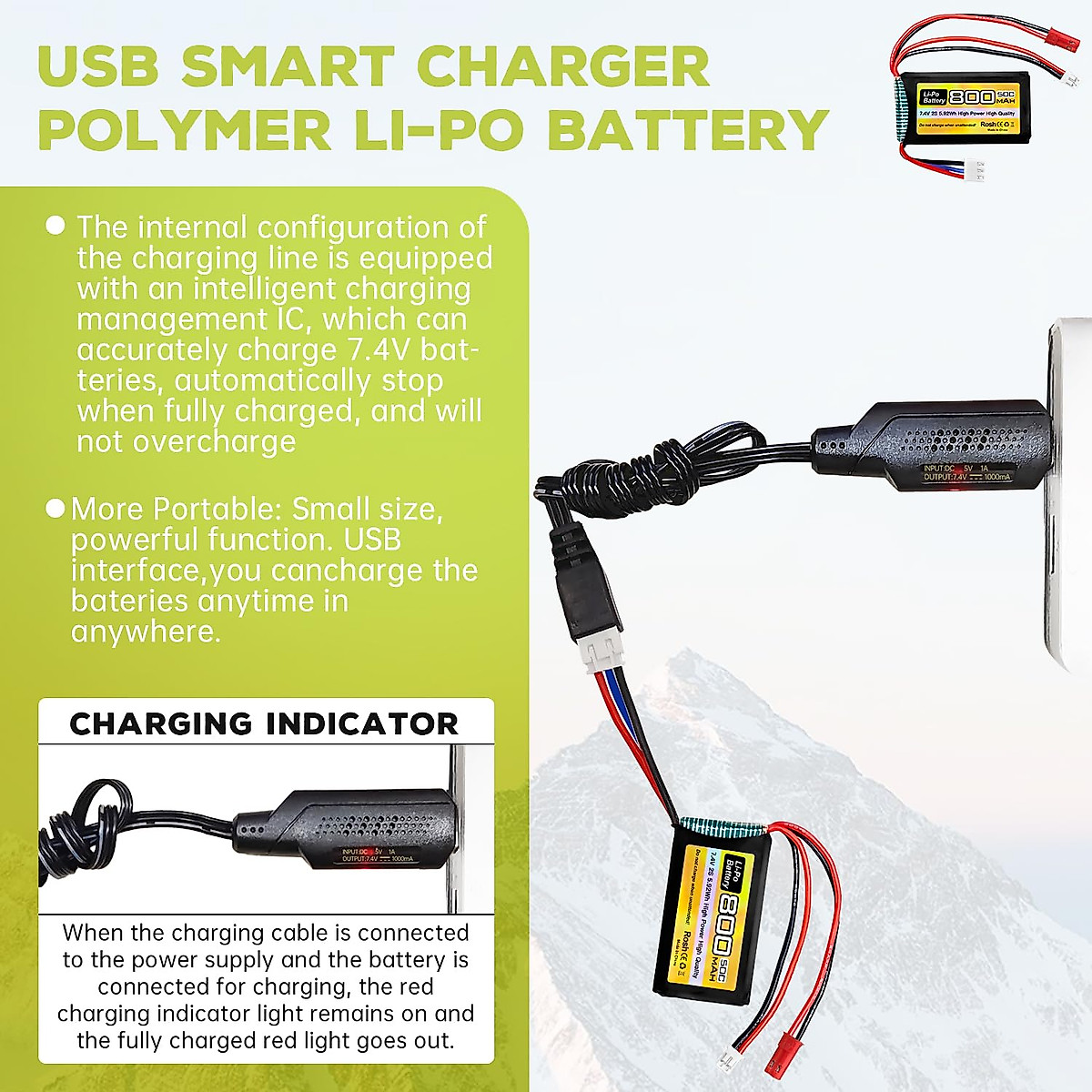 sea jump 7.4V LiPo 2S 50C 800mAh with JST and PH2.0 Plug with USB Charging Cable for SCX24 RC Car Battery, Bompatible with Most 1/10, 1/16, 1/18, 1/24 Scale RC car, Truck and RC Drone Batteries