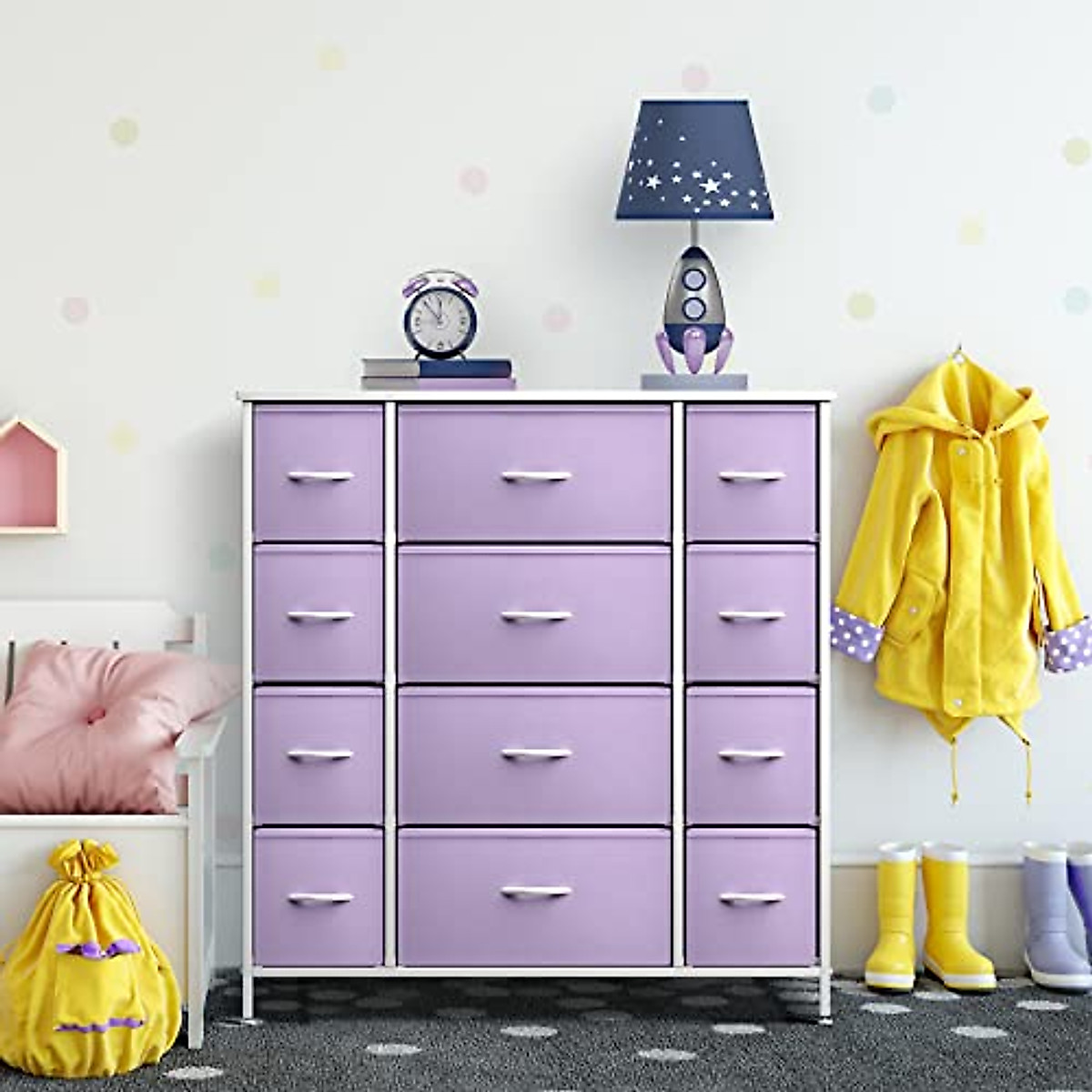 Sorbus Kids Dresser with 12 Drawers - Chest Organizer Unit with Steel Frame Wood Top & Handle, Fabric Bins for Clothes - Large Furniture for Bedroom Hallway Kids Room Nursery & Closet (Purple)