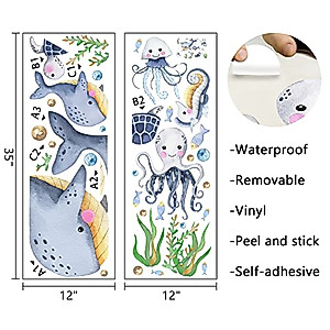 Mfault Under The Sea Whales Wall Decal Stickers, Ocean Hippocampus Octopus Turtle Fish Nursery Decoration Bedroom Bathroom Art, Neutral Marine Animal Toddler Kids Baby Boys Girls Room Decor Gift