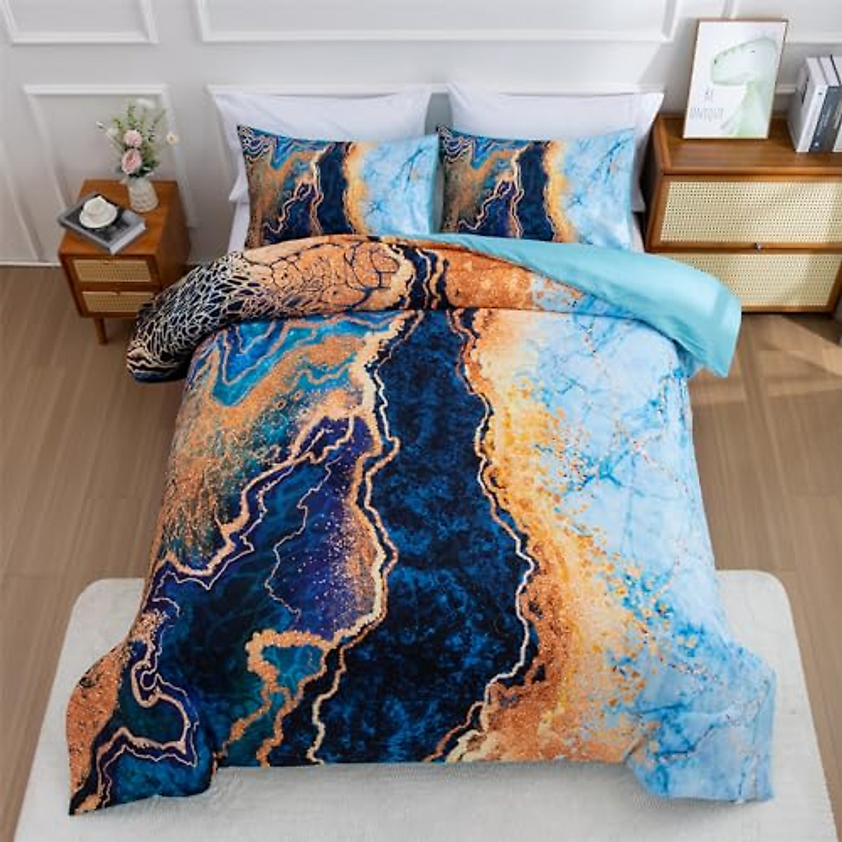 A Nice Night Marble Like Burning Mountain Printed Bedding Set,Retro Style Watercolor Artwork Design,Ultra Soft Comforter Set (Blue, Twin(68-by-88-inches))