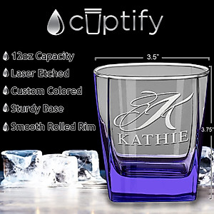 Personalized Whiskey Glass for Men Script Initial and Name 12 oz Purple Bottom Etched Double Old Fashioned Rocks Cocktail Bourbon Glass Custom Gift