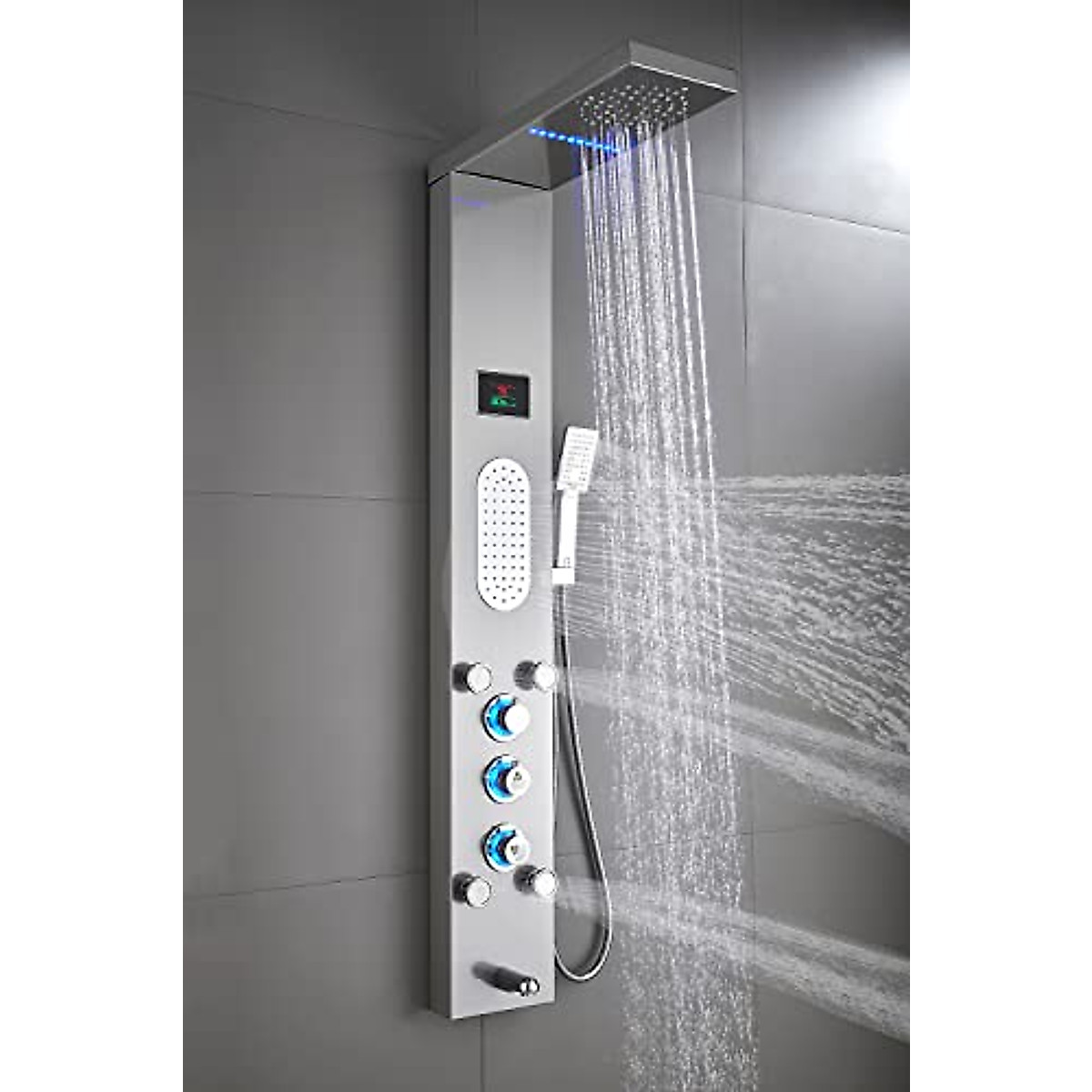 ELLO&ALLO LED Shower Panel Tower System, Rainfall and Mist Head Rain Massage Stainless Steel Shower Fixtures with Adjustable Body Jets, Brushed Nickel