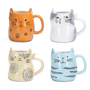 Bico Cartoon Cat Handcrafted Stoneware Ceramic 10oz Mugs, Set of 4, Assorted Color