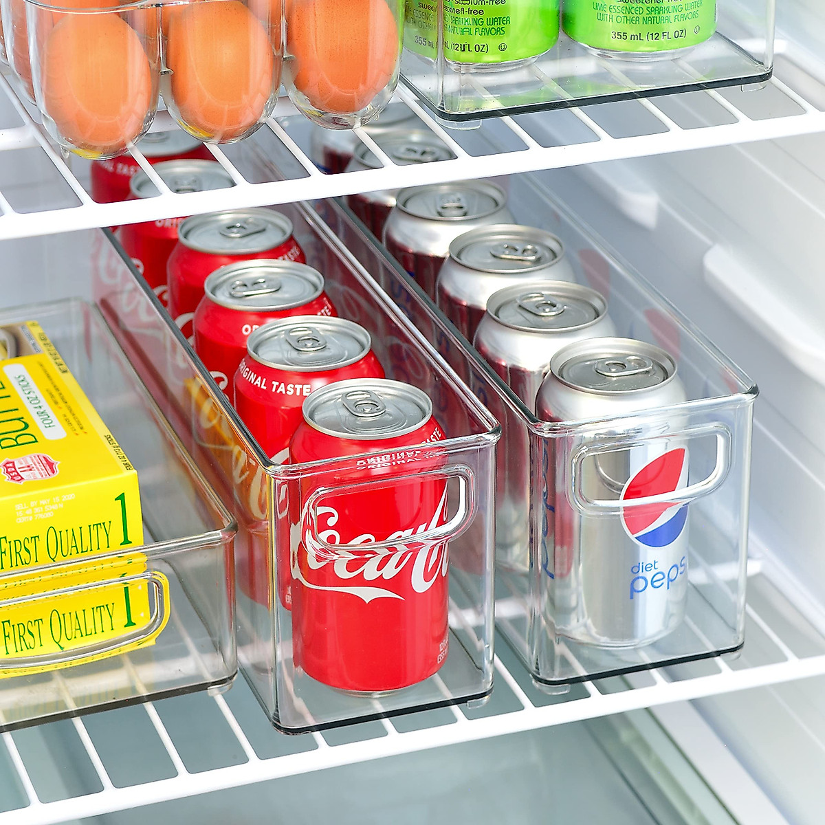 Youngever 2 Pack Stackable Plastic Storage Organizer Container Bin, Stackable Storage Bins with Handler for Refrigerator, Pantry (16" x 4" x 5")