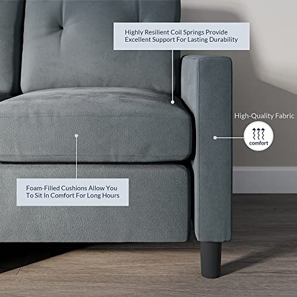 BELLEZE 3 Piece Convertible Sectional Sofa, Upholstered Fabric L Shaped Couch with Modular Chaise Lounge for Dorm Rooms, Apartments, Small Spaces - Altera (Dark Gray)