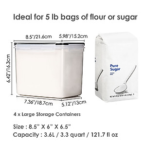 Vtopmart Airtight Food Storage Containers 4 Pieces 3.3 quart / 3.6L- Plastic PBA Free Kitchen Pantry Storage Containers for Sugar,Flour and Baking Supplies - Dishwasher Safe - Include 24 Labels, Black