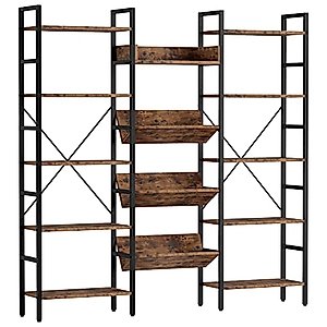 IRONCK Bookcases and Bookshelves Triple Wide 5 Tiers Industrial Bookshelf, Large Etagere Bookshelf Open Record Player Shelves with Metal Frame for Living Room Home Office, Vintage Brown