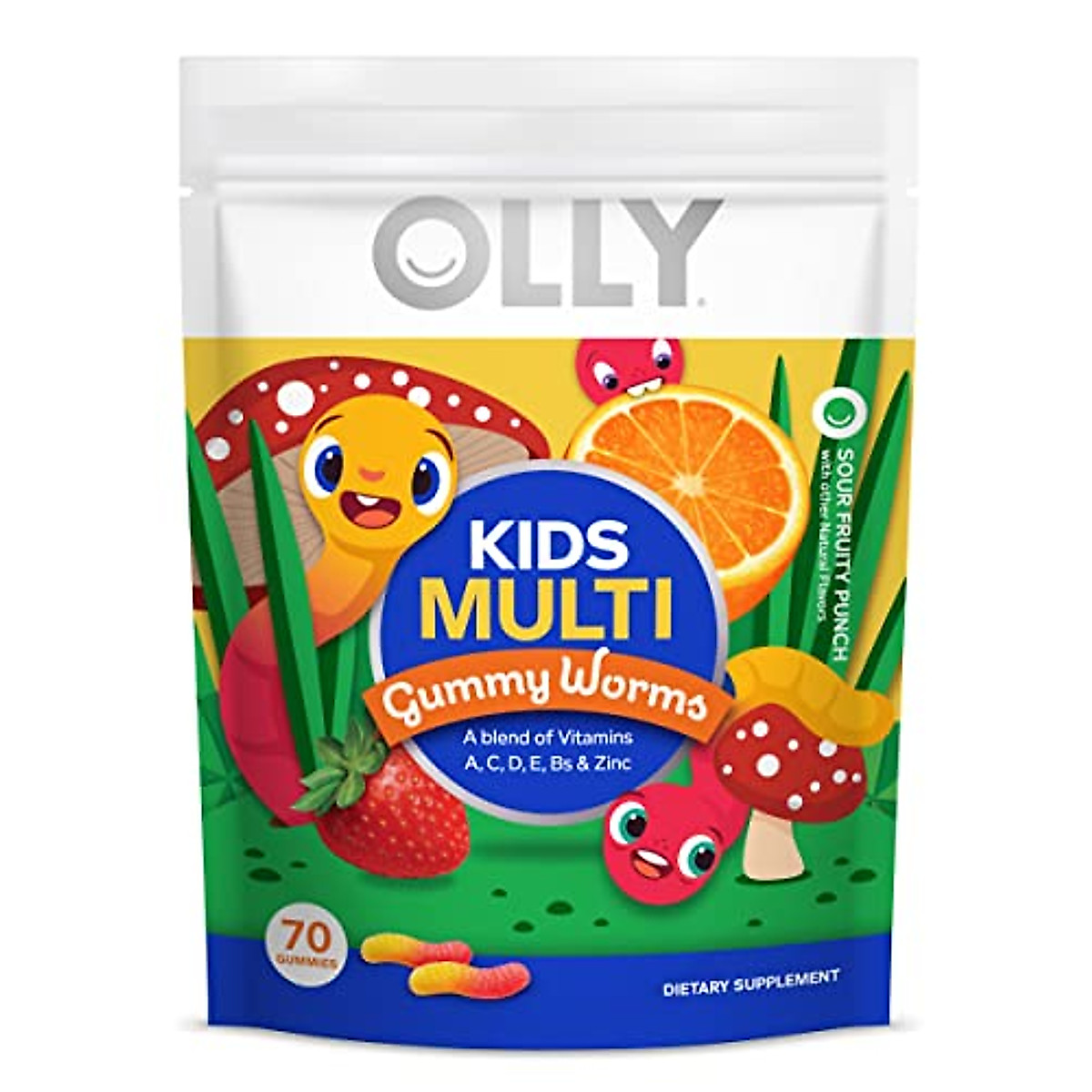 OLLY Kids Multivitamin Gummy Worms, Overall Health and Immune Support, Vitamins and Minerals A, C, D, E, Bs and Zinc, Chewable Supplement, Sour Fruit Punch, 45 Day Supply - 70 Count