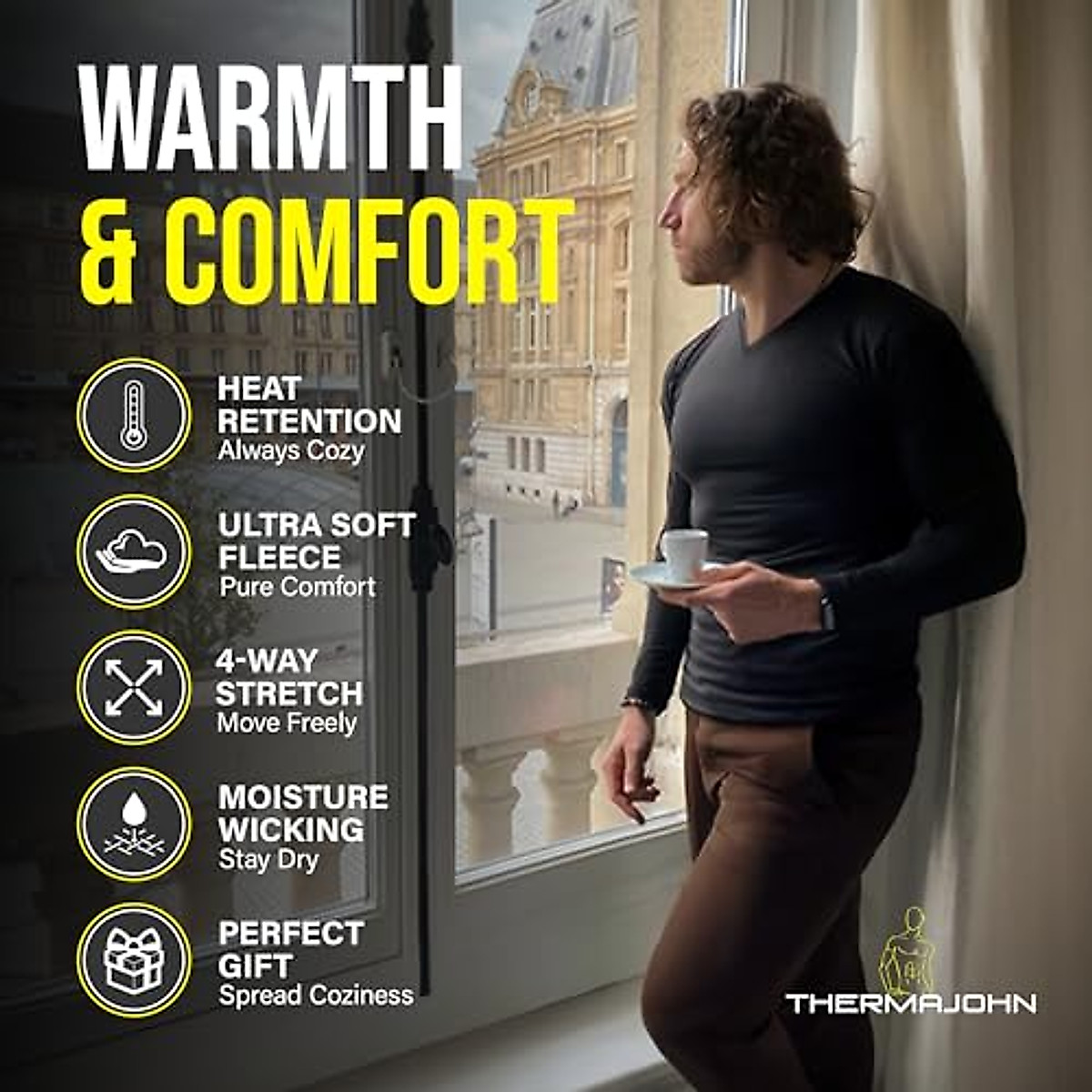 Thermajohn Thermal Shirts for Men V Neck Long Sleeve Thermal Compression Shirts for Men Base Layer Cold Weather (Black, X-Large)