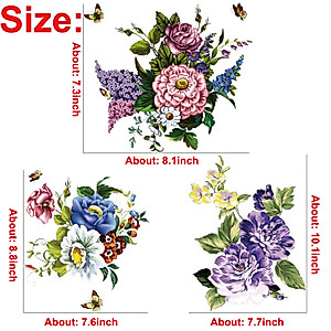 3Pcs Peony Rose Lavender Butterfly Flower Wall Stickers Beauty Flowers Decals Self Adhesive Removable Waterproof Vinyl Art Murals for Living Room Bedroom Toilet Restroom House DIY Decoration (Style D)