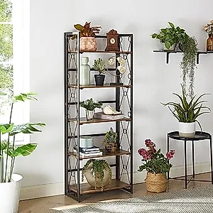 VECELO 5 Tier Folding Bookshelf, 2-Step Assembly Foldable Bookcase, Collapsible Book Shelves with Metal Lace X Frame and Anti-Toppling Design,Antique Brown,1 Set