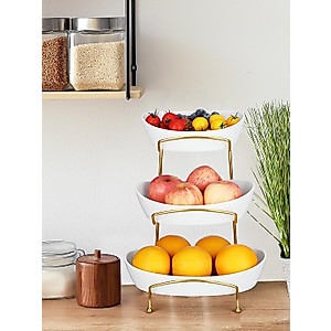 Yedio Fruit Bowls for Kitchen Counter, 3 Tier Ceramic Fruit Basket with Serving Bowls Metal Stand, Tiered White Porcelain Bowls for Fruit Vegetable Storage, Snack, Nuts, Cake, Dessert