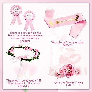 Xinnun 5 Pcs Baby Shower Maternity Sash Kit Shoulder Sash and Pin Daddy Corsages Flower Crown Pregnancy Sash Rose Wreath Headdress for Baby Shower Pregnancy Parents Prop Present Party Favor(Pink)