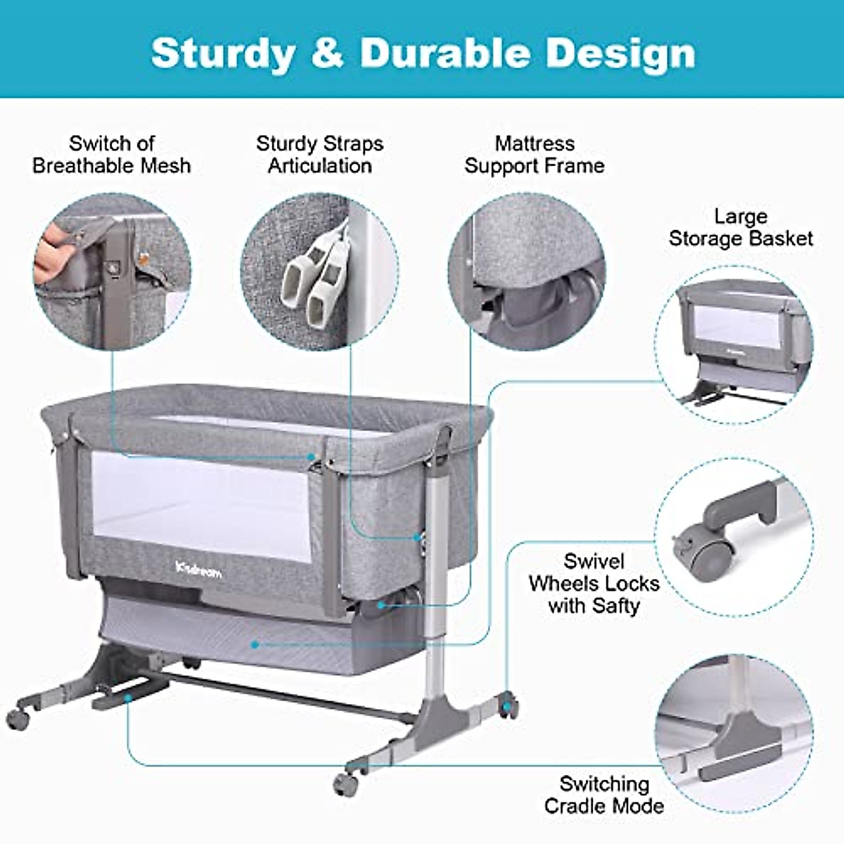 Kisdream Baby Bassinet Bedside Co Sleeper: Parents Next to Tall Bed Side Cradle Bassinette Attached Safe Cosleeper Crib Connected Portable Cosleeping for Newborn & Infant with Adjustable Height