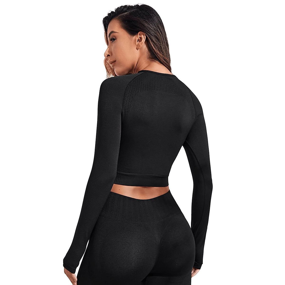 SweatyRocks Women's Yoga Exercise Sport Crop Tops Long Sleeve Thumb Holes Slim Fit Solid Running Gym Tee Shirts Black L