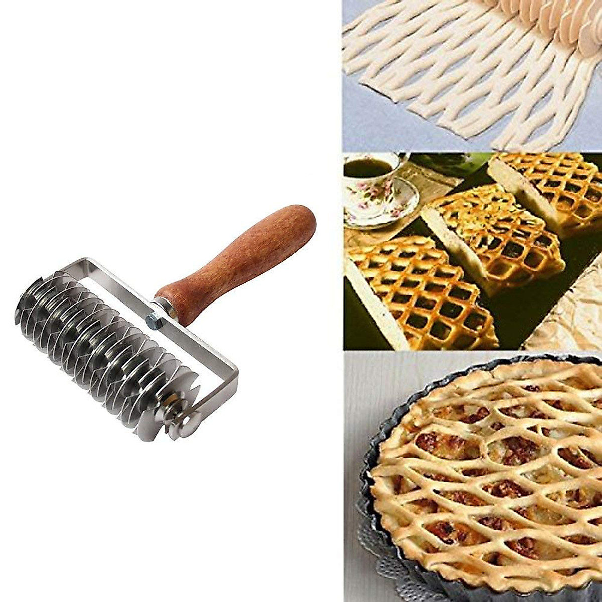 Stainless Steel Dough Lattice Top Cookie Pie Pizza Bread Pastry Crust Roller Cutter,Wood Handle