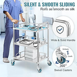 VEVOR Lab Rolling Cart, 3-Shelf Stainless Steel Rolling Cart, Lab Serving Cart with Swivel Casters, Dental Utility Cart for Clinic, Lab, Hospital, Salon, 26.38"x15.55"x34.13"