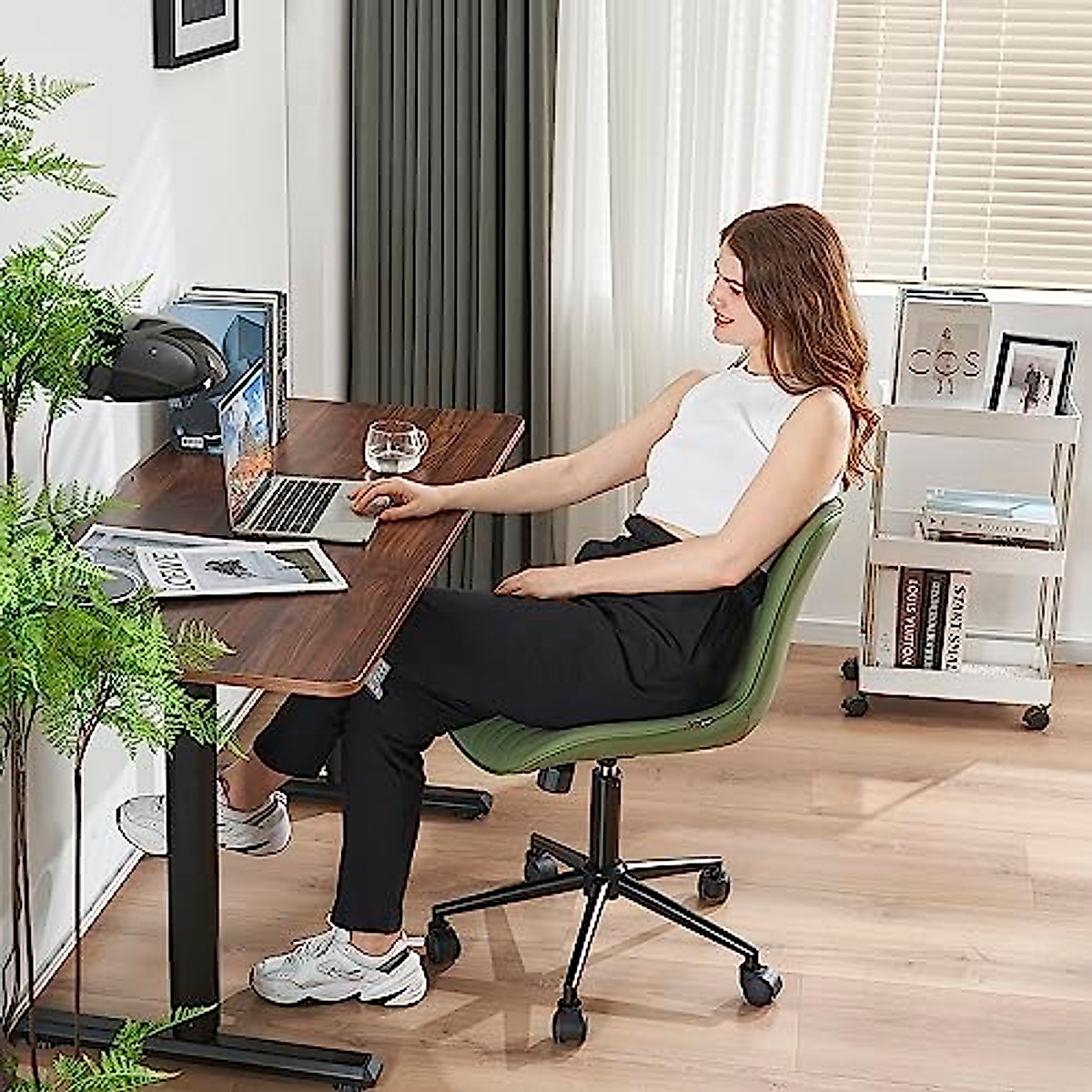 YOUNIKE Office Chair, Ergonomic Desk Chair with Wheels, Armless Home Office Computer Task Chairs, Modern Faux Leather Padded Vanity Chair, Adjustable Swivel Rocking Chair with Back, Dark Green