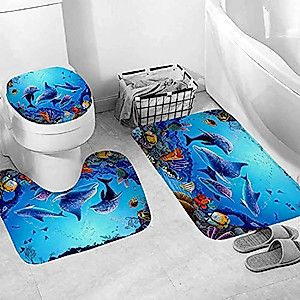 TDCQQGQQ Tropical Ocean Shower Curtain Sets, Sharks and Dolphins Waterproof Windproof Washable Shower Curtain and Rug Set for Bathroom, Toilet Lid Cover and Bath Mat with 12 Hooks.