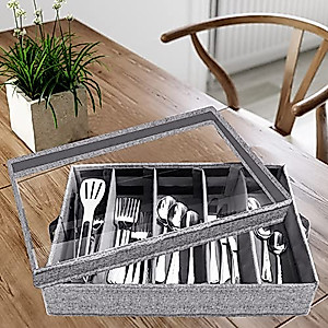 VERONLY Silverware Storage Box - Flatware Case Chest Box, 5 Compartment Tableware Cutlery Container with Removable PVC Lid and Easy to Carry Handles,Large Capacity Utensils(Light Grey)