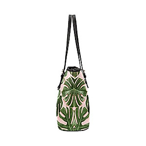 InterestPrint Hawaiian Tropical Leaves Monstera on Pink Women's Leather Handbags Ladies Shoulder Bag Tote Bags