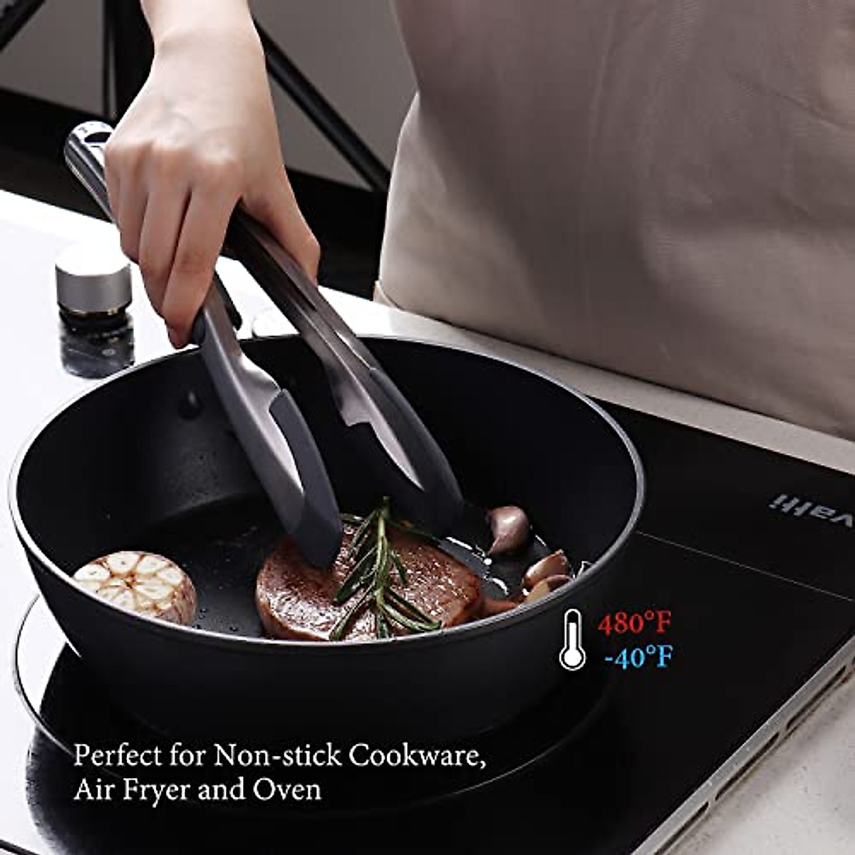 KITCHENDAO Tongs for Cooking with Silicone Tips, One-Handed for Convenience, Soft-Touch Handle, Silicone Tipped Food Grill BBQ Cooking Tongs for Non-Stick (12 Inch&9 inch Sets)