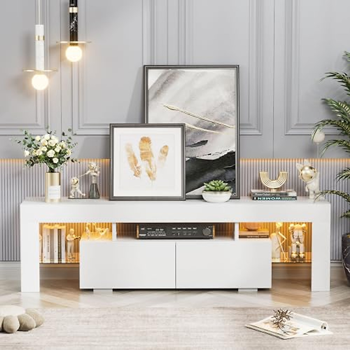 YESHOMY Modern LED TV Stand for Televisions up to 70 Inch with Glass Shelves and Drawer, Gaming Entertainment Center with Multiple Dynamic RGB Modes, for Livingroom, Bedroom, 60 Inch, White