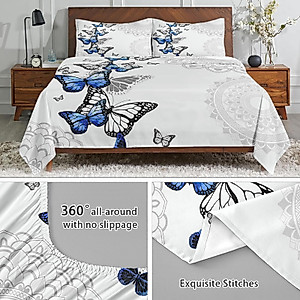 WeCozy Twin Size 3 Pcs Bed Fitted Sheet Set with 14" Deep Pocket, Abstract Circular Mandala Floral Flat Sheet Set for Kids and Adults, Summer Spring Blue Butterfly Bedding Set with Pillowcase