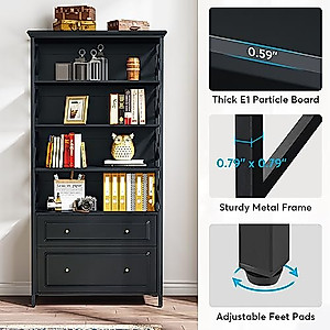 Tribesigns Black Bookshelf with 2 Drawers Tall Narrow Bookshelf Industrial 5 Tier Bookcase Heavy Duty Display Book Shelf Organizer with Open Storage Shelves for Living Room, Bedroom