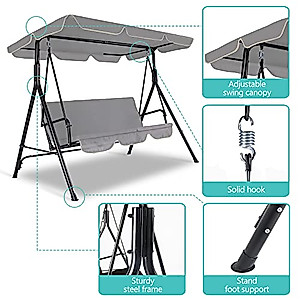 Funny Sunny Outdoor Patio Swing Chair with Canopy,3 Seater Porch Swing Chair with Adjustable Canopy and Removable Cushion for Patio Garden Poolside Balcony Backyard, Grey