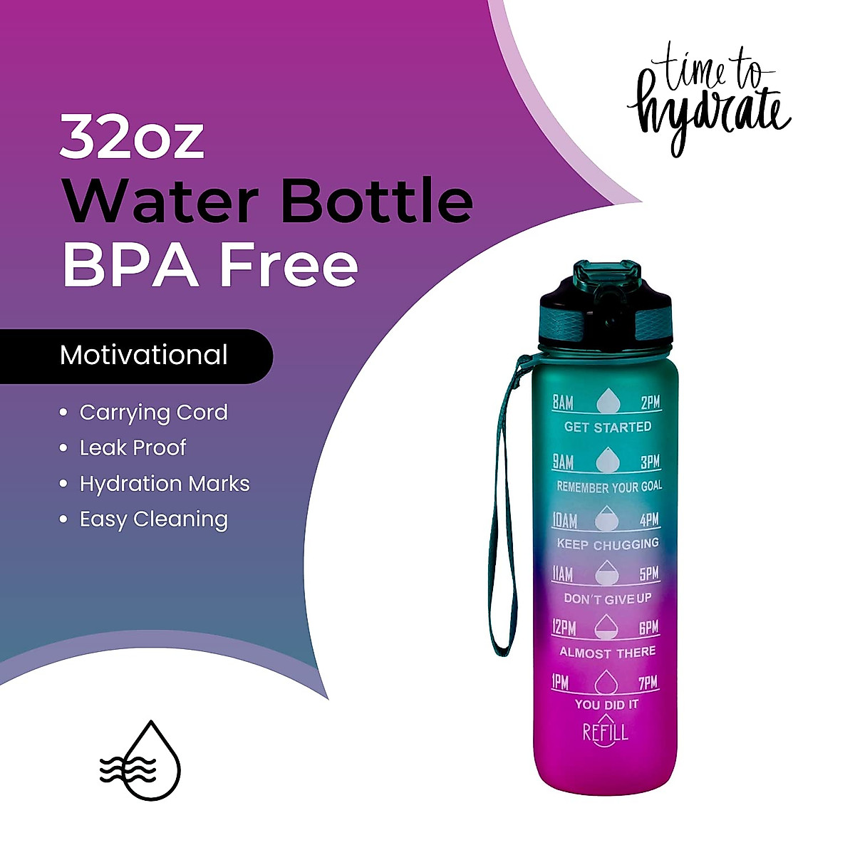 32 oz Water Bottle with Times to Drink and Straw. With Clearly Marked Times To Drink Throughout The Day And a Convenient Straw For Spill-Proof Sipping, Track Your Water Intake and Stay Hydrated.