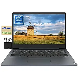 2022 Newest Lenovo Chromebook 14" Laptop Computer Business Student, Intel Celeron N4020 Dual-Core Processor,up to 2.80 GHz, 4GB RAM, 64GB eMMC,WiFi, Webcam, 10 Hours Battery, Chrome OS, +MarxsolCables