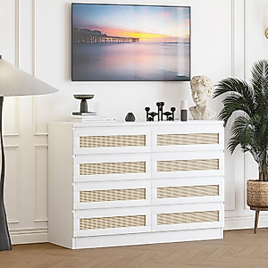 Patikuin 8 Drawer Double Dresser for Bedroom, Rattan Chest of Dressers, Modern Wooden Dresser Chest, Beside Table for Closet, Nursery, Living Room and Entryway, White