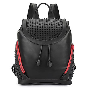 Downupdown® Fashion Backpack Purse Genuine Leather Backpack Rivet Knapsack Drawstring Bucket Bag Casual Backpacks-Black