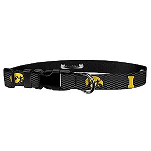 University of Iowa Adjustable Dog Collar, Pet Wear, Made in The USA – 1 Inch Wide, Extra Large, Hawk on Carbon Fiber Print