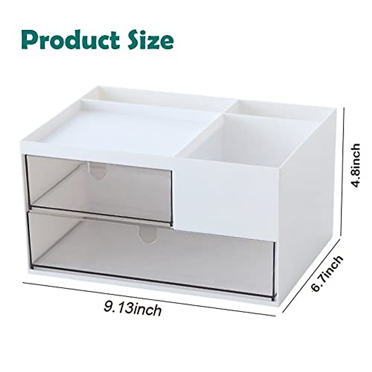 BiutiMama Desk Organizers and accessories with 2 Cosmetic Storage Drawers and 4 Compartments, Makeup Stationery Vanity Organizer, Desk Decor Aesthetic Multifunctional for Office, School, Home (White)