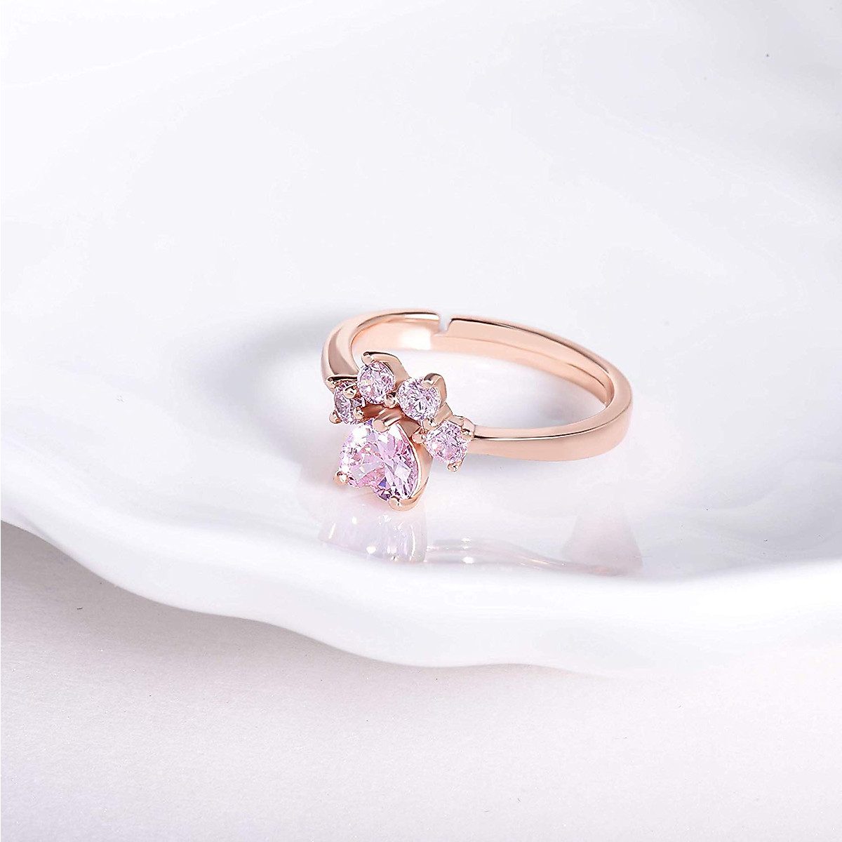 Meow Star Cat Paw Ring Rose Gold Rings Pink Crystal Rings Cubic Zirconia Cat Ring for Women Cat Lovers (Rose Gold 5#)