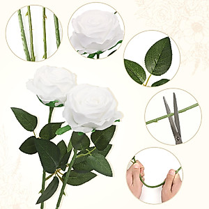 CEWOR 10pcs Artificial Roses with Stems White Roses Fake Flowers Decorations for Valentine's Day Bridal Bouquet Wedding Party Home Decor (White)