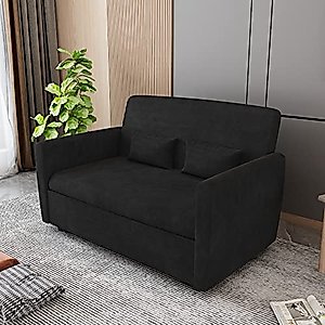 MIYZEAL 55'' Convertible Sleeper Sofa Bed, Velvet Loveseat Sofa with Pull-Out Bed, 2 Seater Couch Bed with Adjustable Backrest, Pull Out Lounge Chaise with 2 Pillows Office (Black)